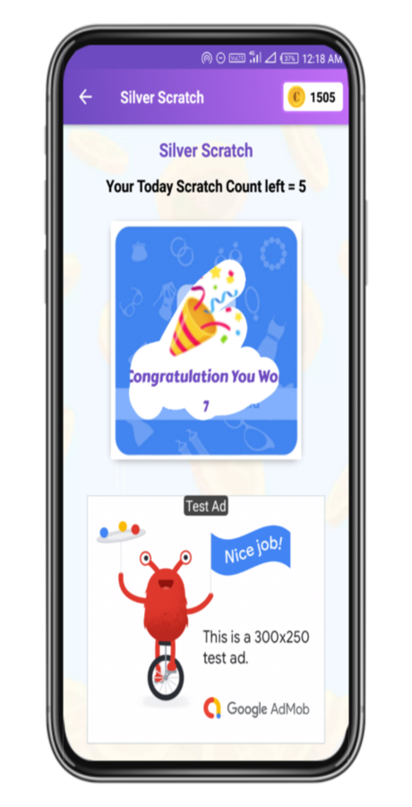 Scratch to Win Android Earning App (Admob, Facebook bidding, StartApp, Unity Ads) by AADevelopers